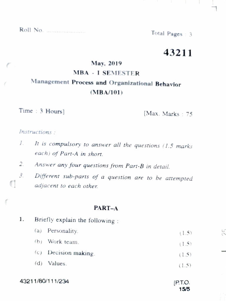 MBA_1st_sem_MPOB_may_2019 | PDF | Organizational Behavior | Social Psychology