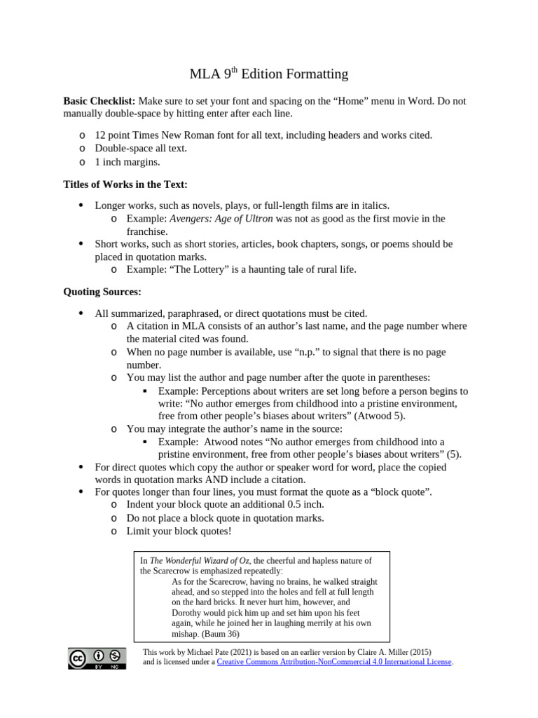 Mla 9th Edition Format Pdf Scarecrow Oz Oz Franchise
