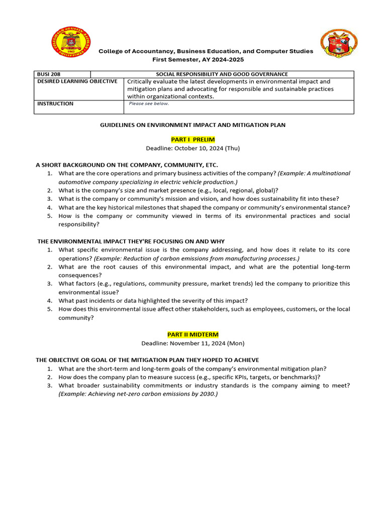 BUSI 208 TERM OUTPUT Guidelines On Environment Impact and Mitigation ...