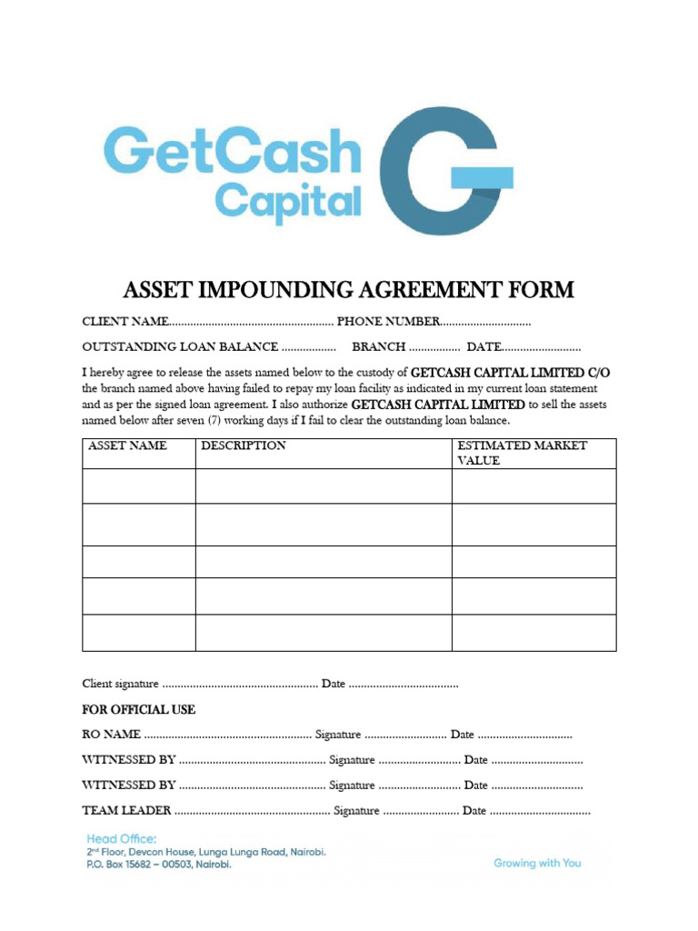 Asset Impounding Agreement Form | PDF