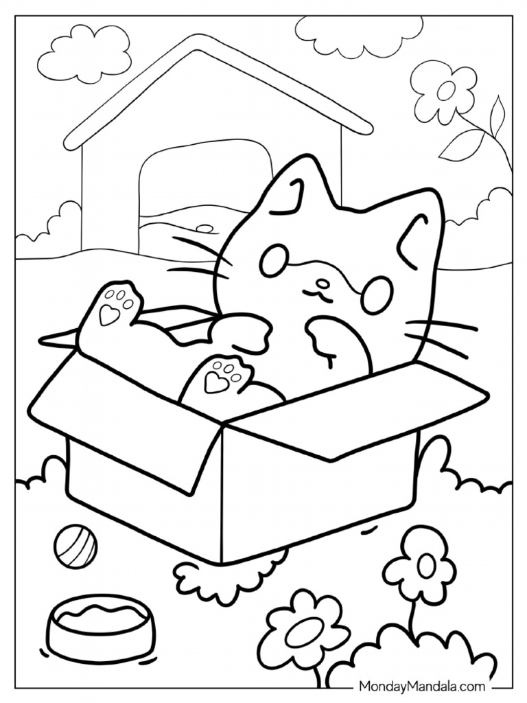 Kitten Stuck in Box Coloring Page For Preschoolers | PDF