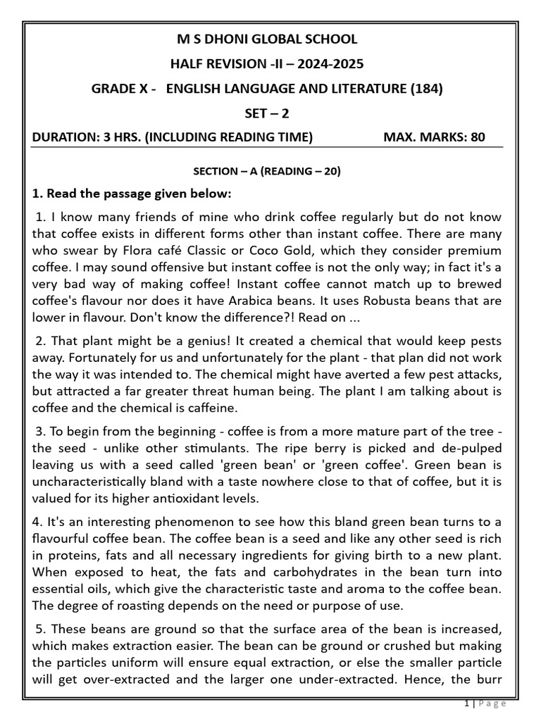 G10 ENG HALF REV - 2 SET 2 QP F | PDF | Coffee