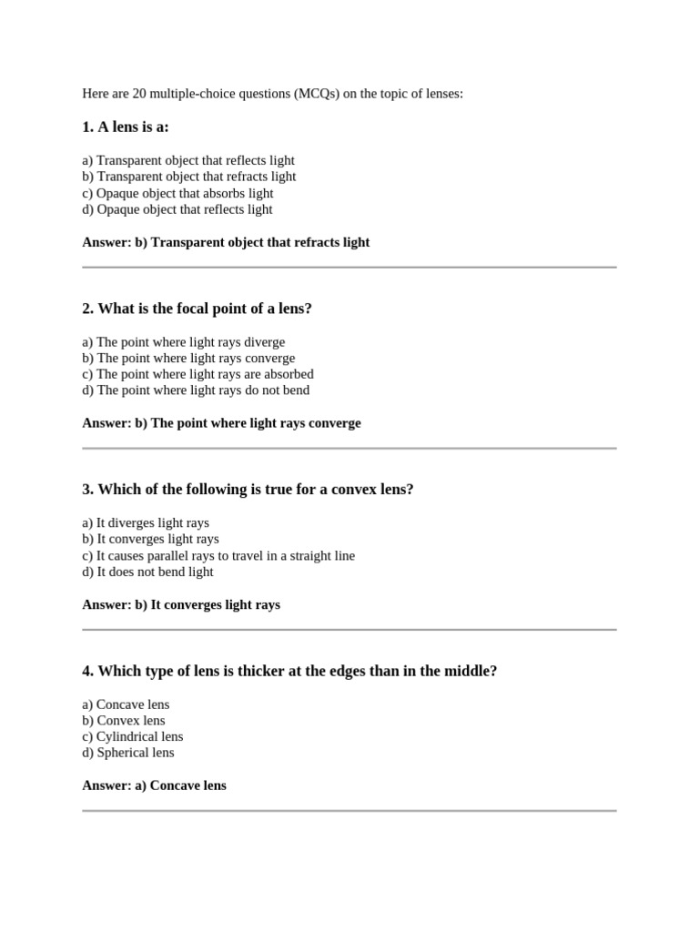 cl mcqs | PDF | Glass Engineering And Science | Lenses