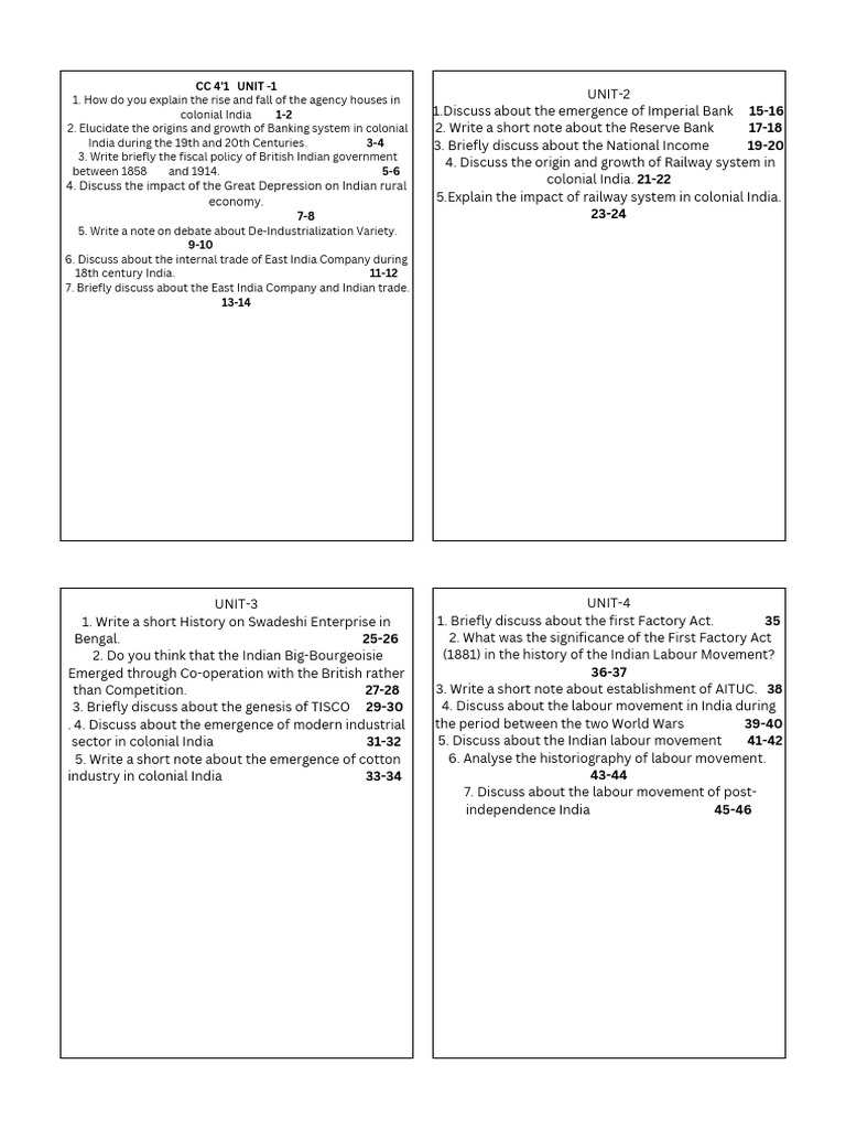 cc4.1 All Unit Question Bunch | PDF | British Raj | Economies