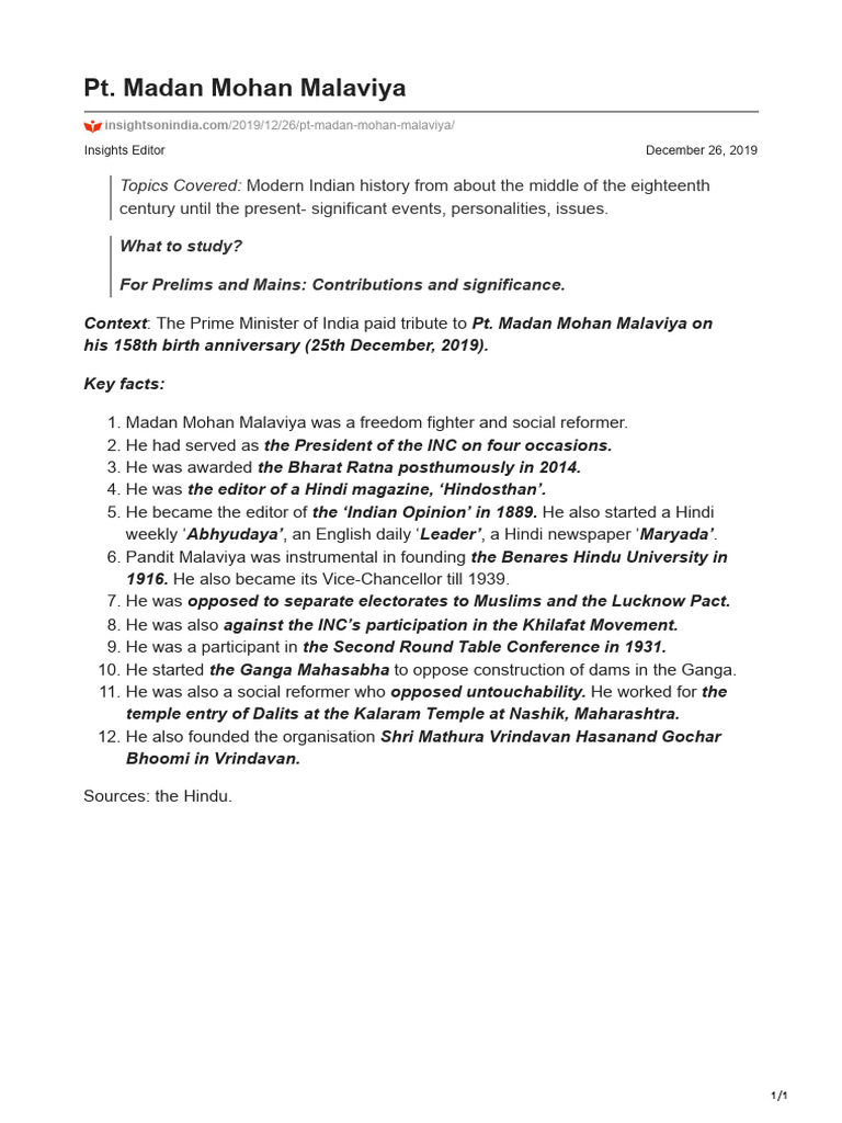 key_facts_Pt Madan Mohan Malaviya | PDF