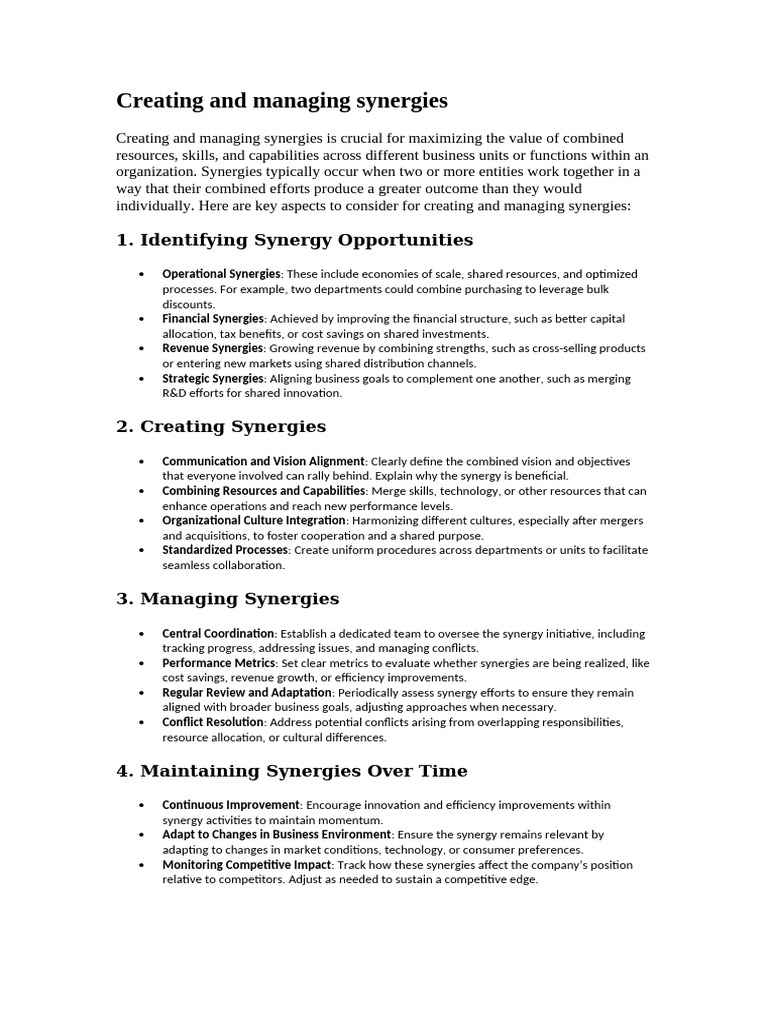 Creating and managing synergies | PDF | Mergers And Acquisitions ...