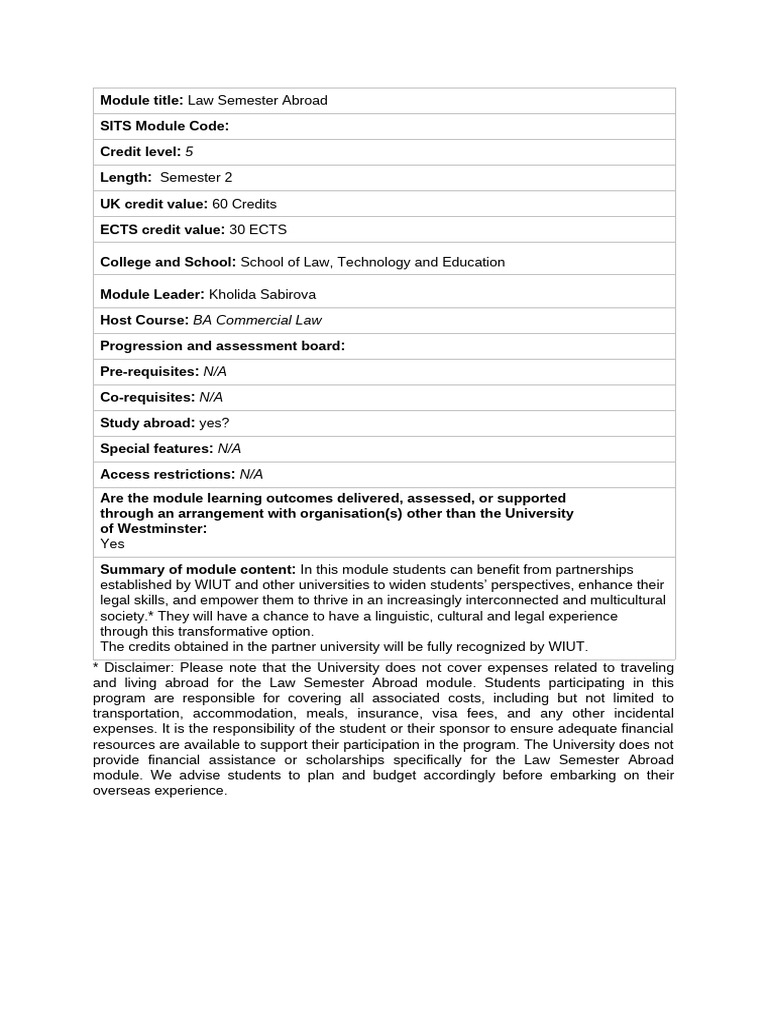 Law Semester Abroad Module Proforma 2024 | PDF | Learning | Experience