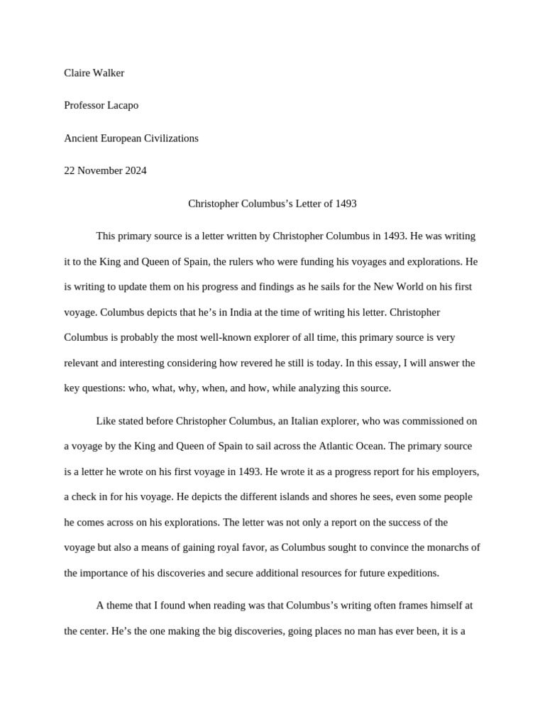 Primary Source Analysis #3 (1) | PDF | Christopher Columbus | Voyages ...