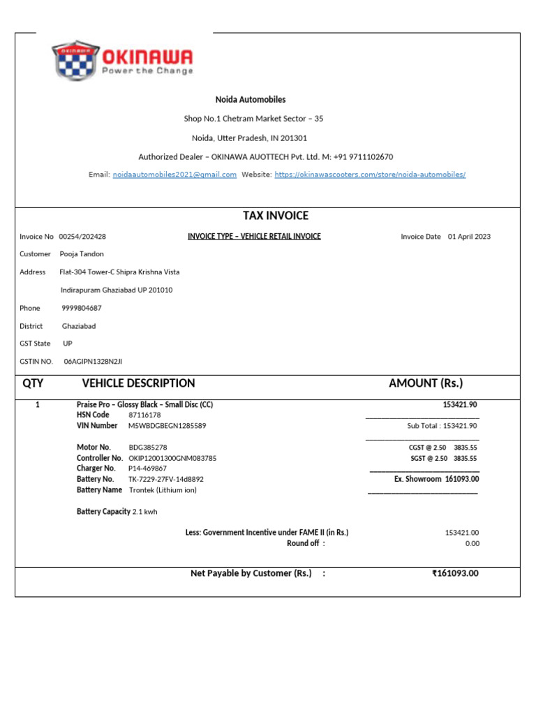 EV Invoice Pooja | PDF | Electric Vehicle | Vehicles
