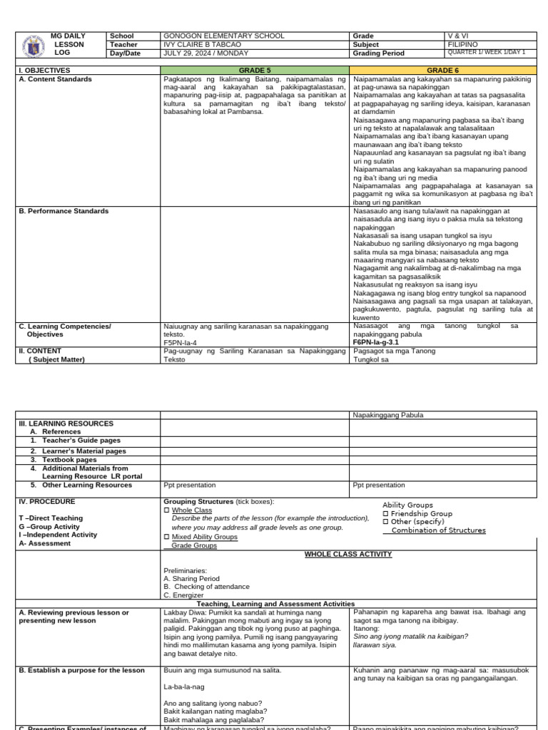 DLL Q1 W1 Day1.filipino | PDF