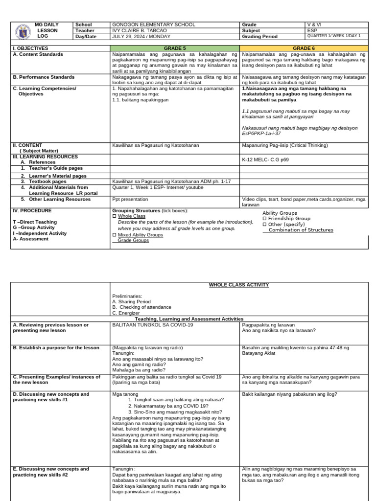 DLL Q1 W1 Day1.esp | PDF