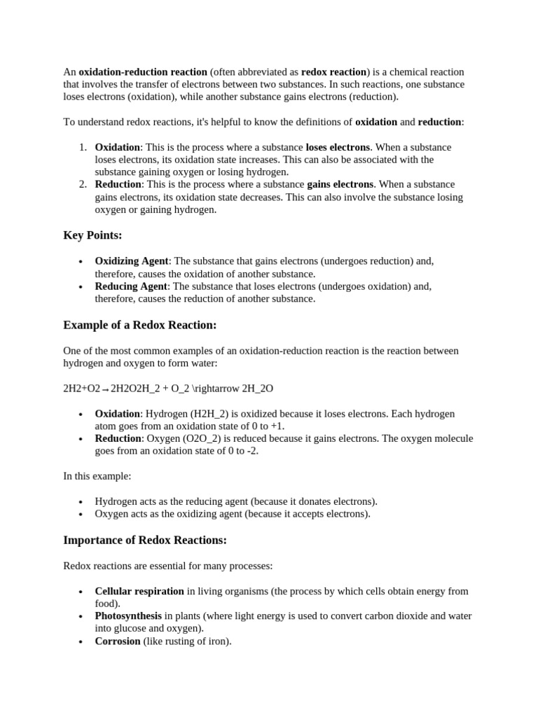 Key Points:: Oxidation-Reduction Reaction Redox Reaction | PDF