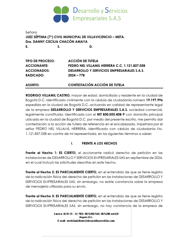 Contestaciàn Tutela - Pedro Nel Villamil Herrera Contra Dys | PDF ...