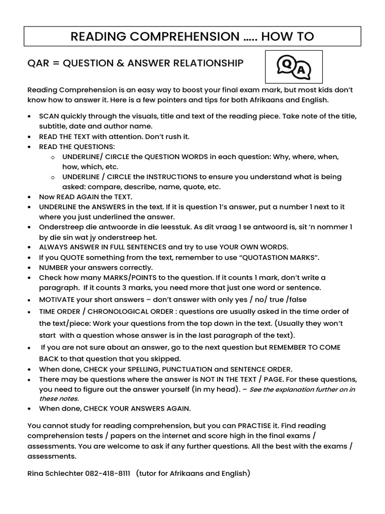 002 READING COMPREHENSION TIPS - QAR STRATEGY | PDF | Reading ...