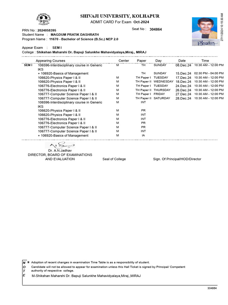 Shivaji University, Kolhapur: Magdum Pratik Dashrath 2024058395 | PDF | Qualifications ...