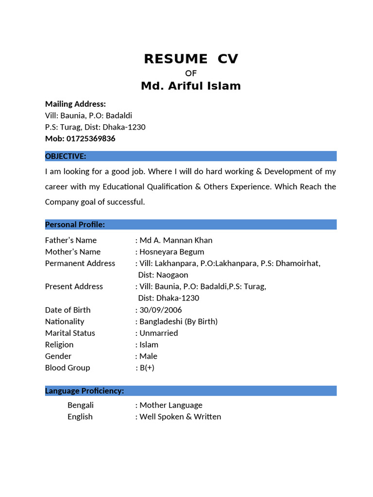 Md. Ariful Islam Resume 2024 | PDF