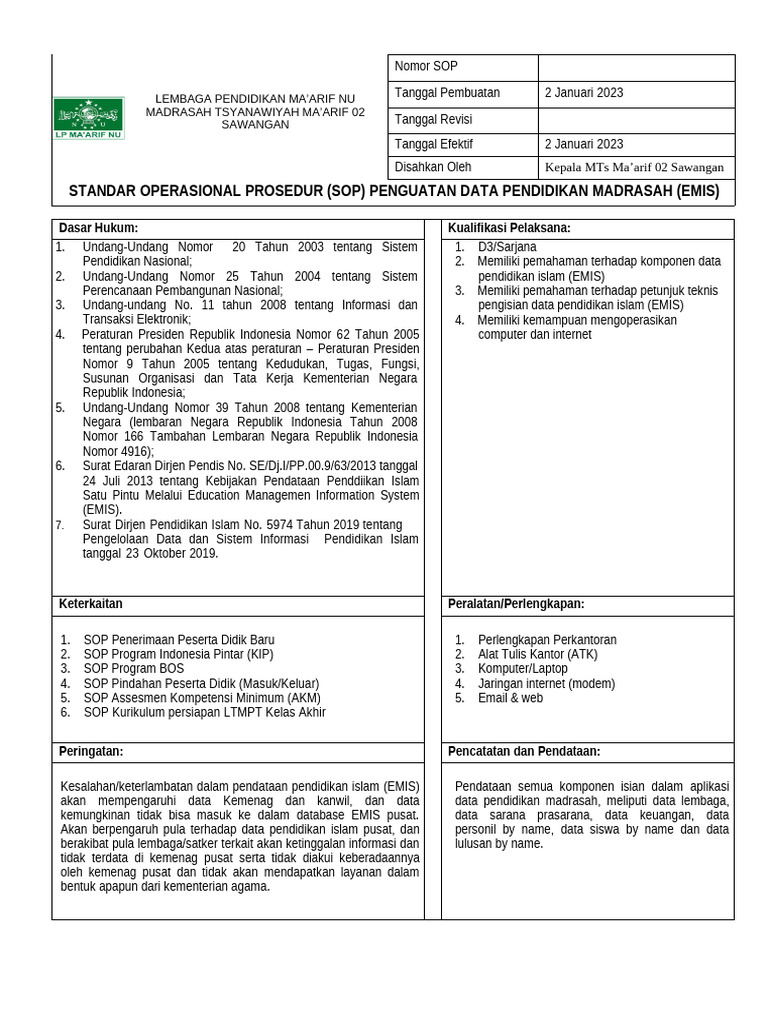 SOP-Pendataan Pendidikan Islam (EMIS) - 2023 | PDF