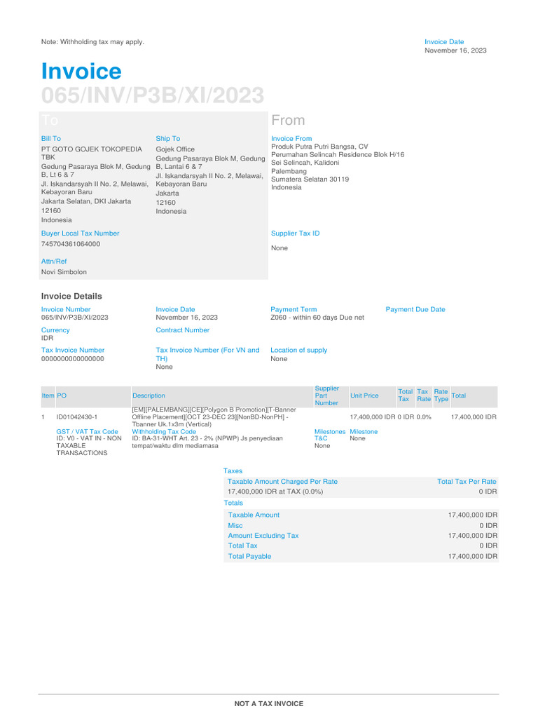 Invoice Summary for PT GOTO GOJEK | PDF | Invoice | Value Added Tax
