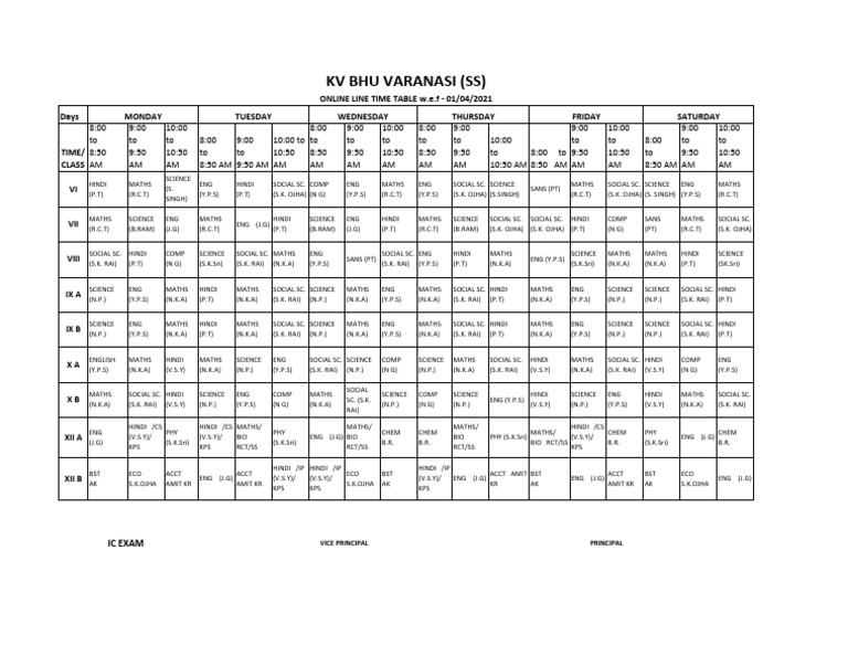 KV BHU Varanasi Class Timetable 2021 | PDF