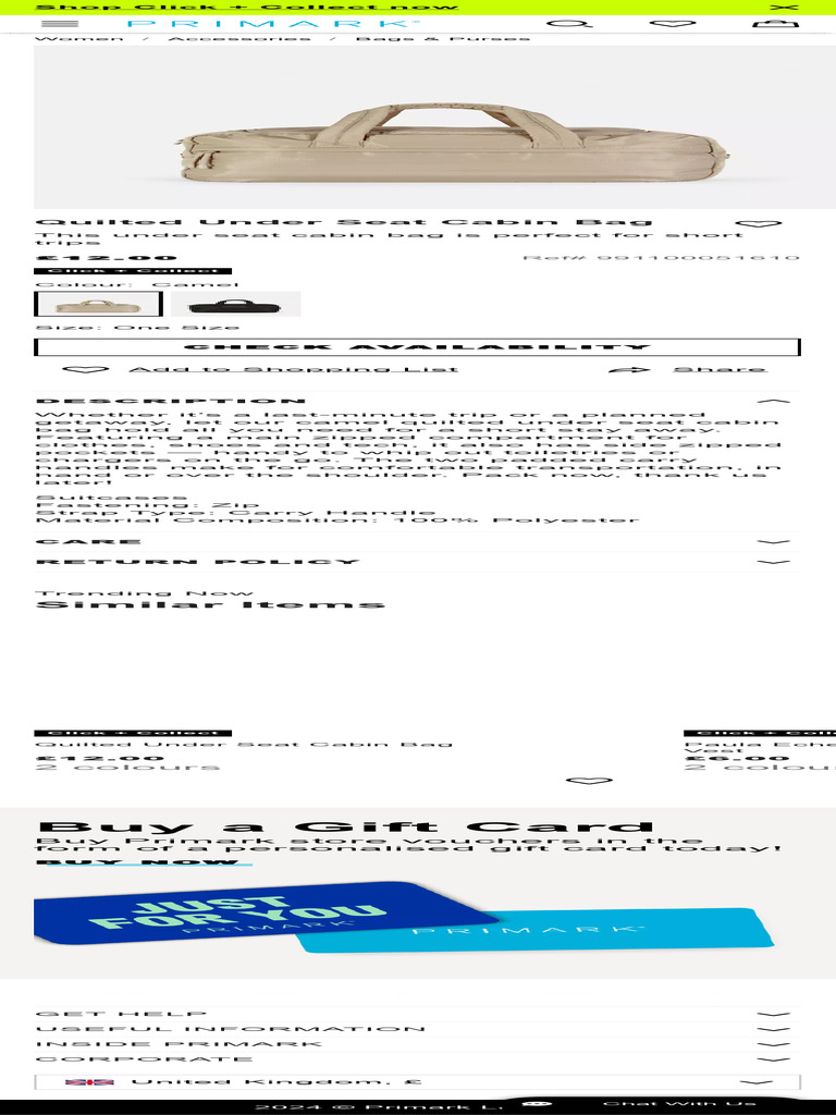 Womens Camel Quilted Under Seat Cabin Bag Primark | PDF