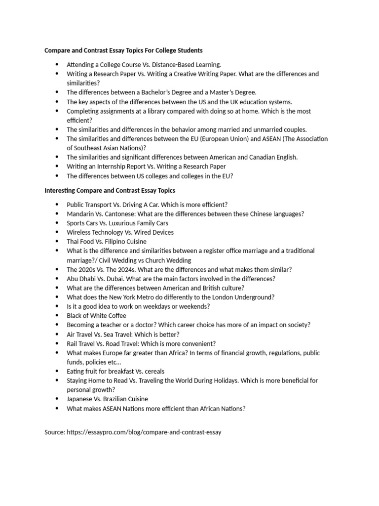 Compare and Contrast Essay Topics For College Students | PDF