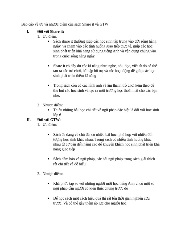 Báo cáo về ưu và nhược điểm của sách Share it và GTW | PDF