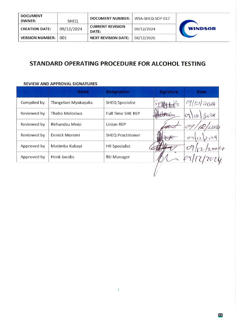WSA SHEQ SOP 017 Alcohol Testing Procedure | PDF