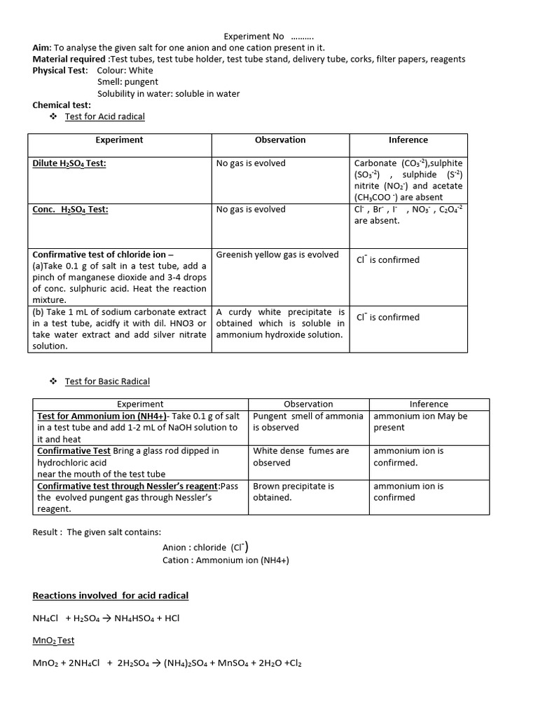 Salt Analysis - Ammonium Chloride (NH4Cl) | PDF | Ammonium | Salt ...