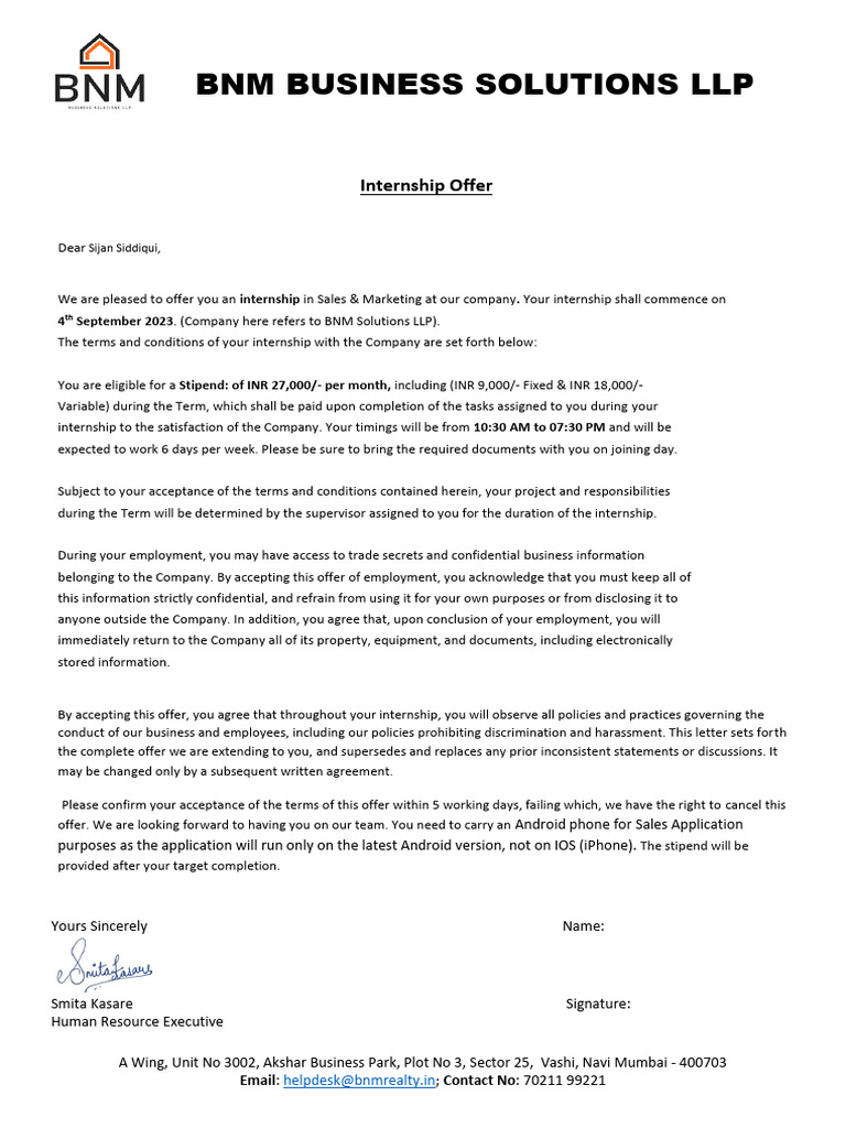 Internship Offer Letter - Sijan Siddiqui | PDF