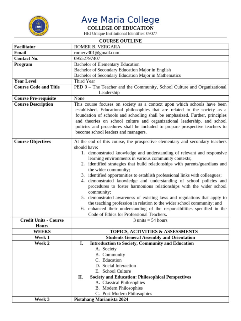 PED 9 Course Outline Students | PDF | Teachers | Schools