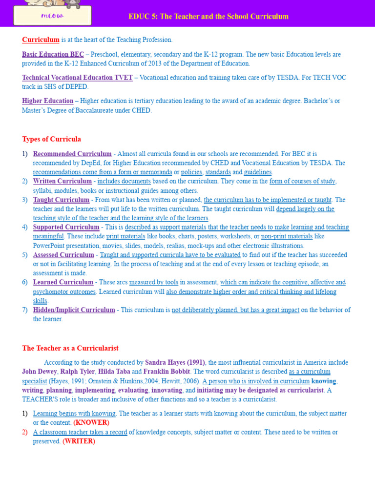 EDUC 5 - The Teacher and School Curriculum | PDF | Curriculum | Learning