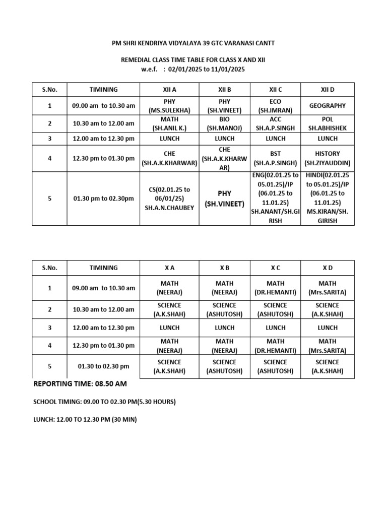 Remedial Class Time Table During Winter Break | PDF