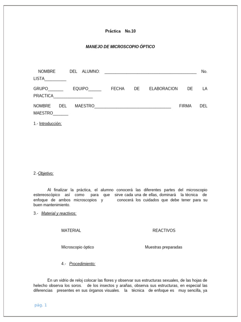 Manejo del Microscopio Óptico: Guía Práctica | PDF | Microscopio | Óptica