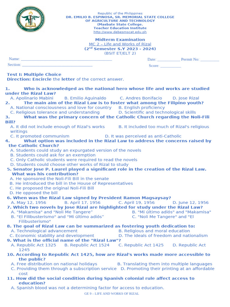 Midterm Exam GE 9 | PDF | Philippines