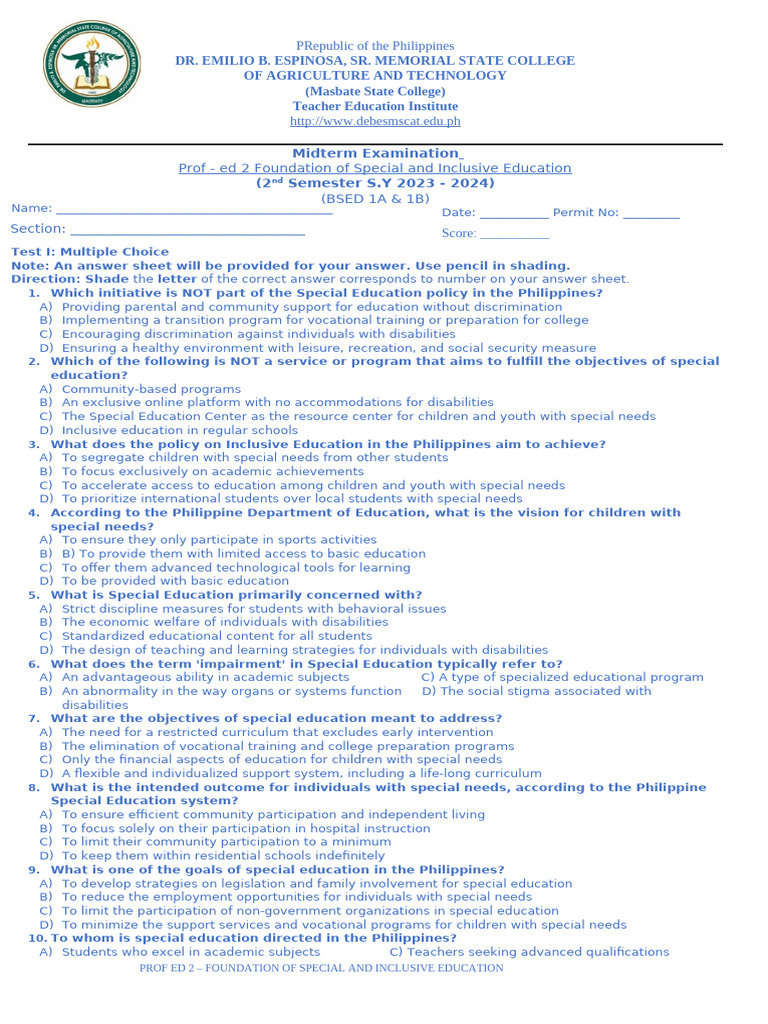 Midterm Exam Prof. Ed 2 | PDF | Special Education | Inclusion (Education)