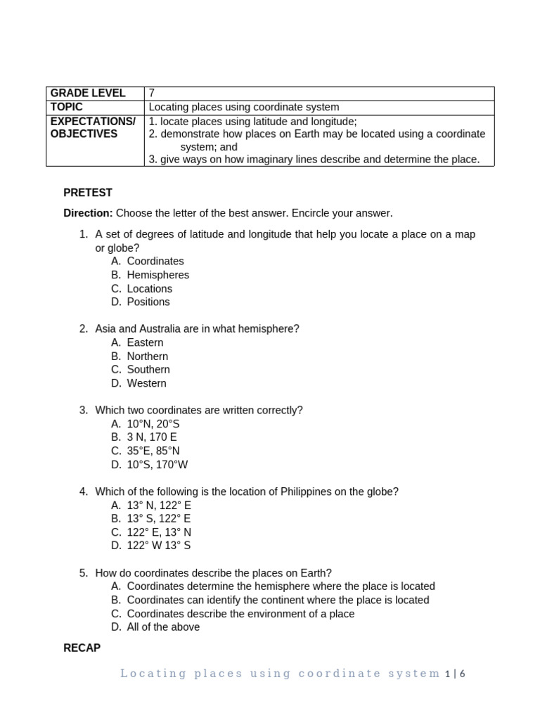 4TH QUARTER MODULE 3 - Ocating Places Using Coordinate System | PDF | Latitude | Longitude