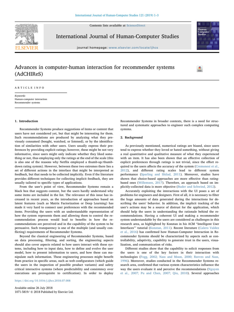 Advances in Computer-Human Interaction For Recommender Systems (2019) | PDF | Computing ...