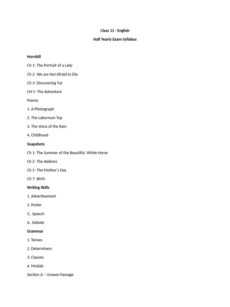 Class 11 - EnGLISH Half Yearly Syllabus | PDF