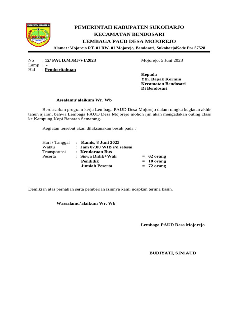 SURAT IJIN WISATA PAUD Mojorejo | PDF