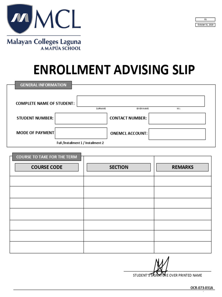 Enrollment Advising Slip Form | PDF