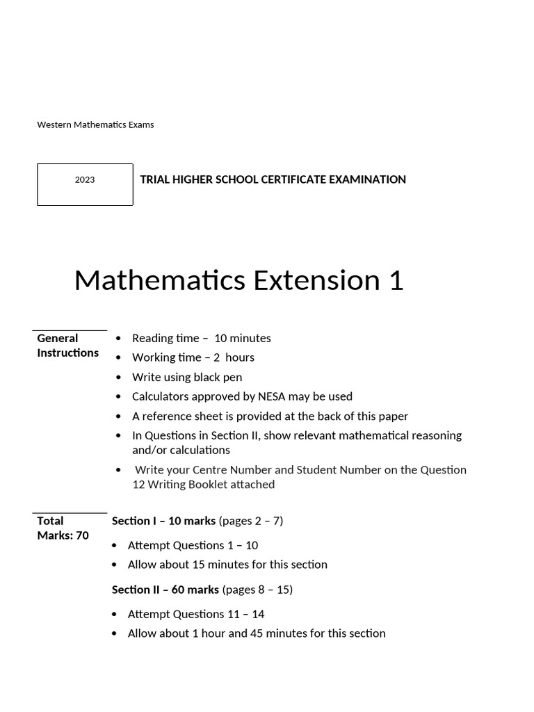 WME 2023 Mathematics Extension 1 Trial HSC Exam | PDF | Equations ...
