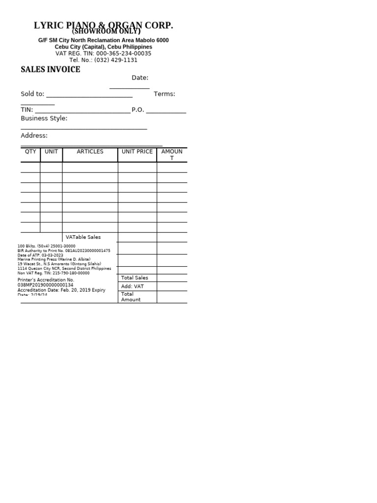 Sales Invoice Template for Piano & Organ | PDF