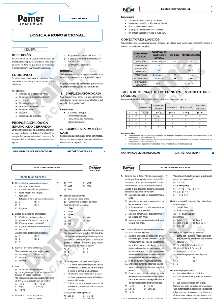 Aritmética - Clases - SM - Verano Escolar - 2025-1 - Sem01 | PDF | Proposición | Lógica