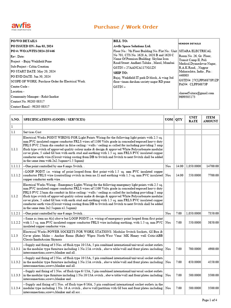 ContractorWorkOrder - Sitara Electrical - Electrical Work - BAJAJ Weikfield - 3rd Floor | PDF ...