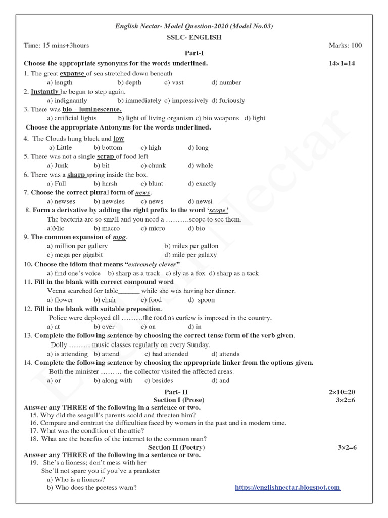 TN 10th English Public Exam Model Question Paper 2 | PDF