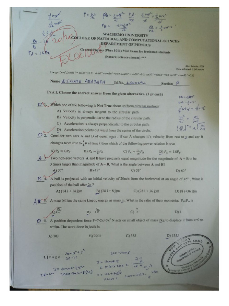 wachemo physics mid with answer | PDF