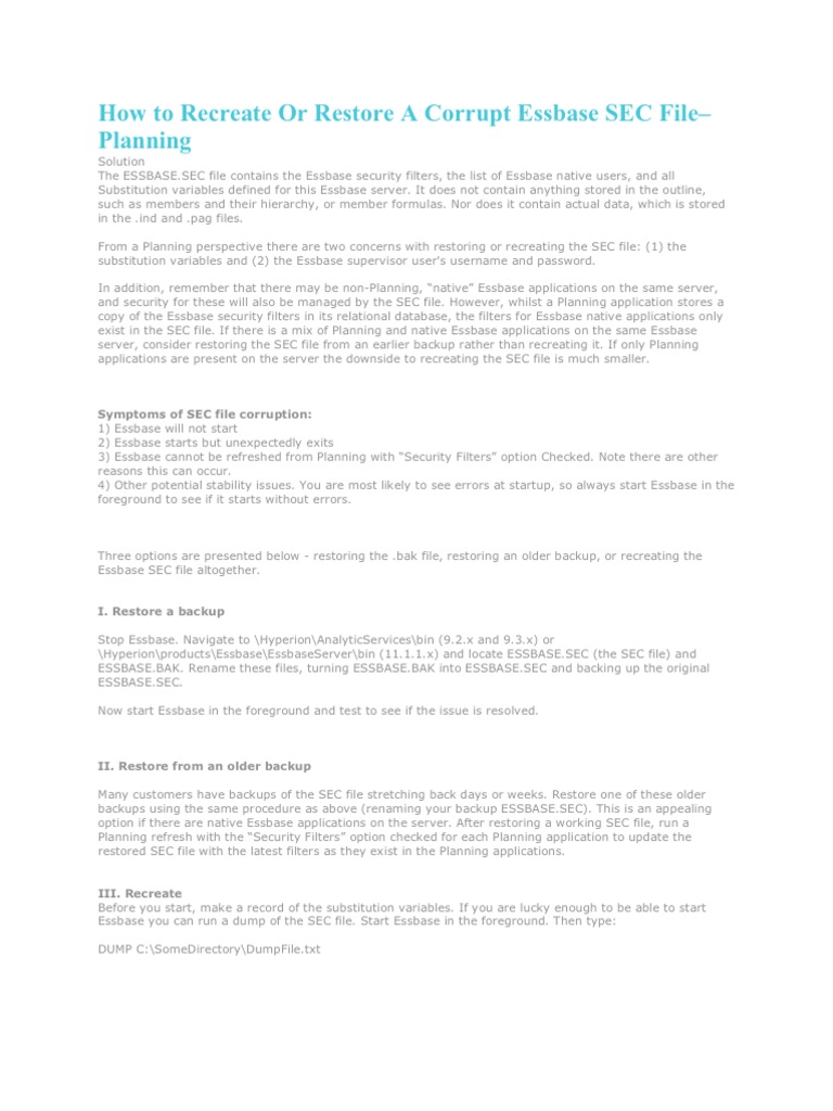 How To Recreate or Restore A Corrupt Essbase SEC File | PDF | Backup | Computer File