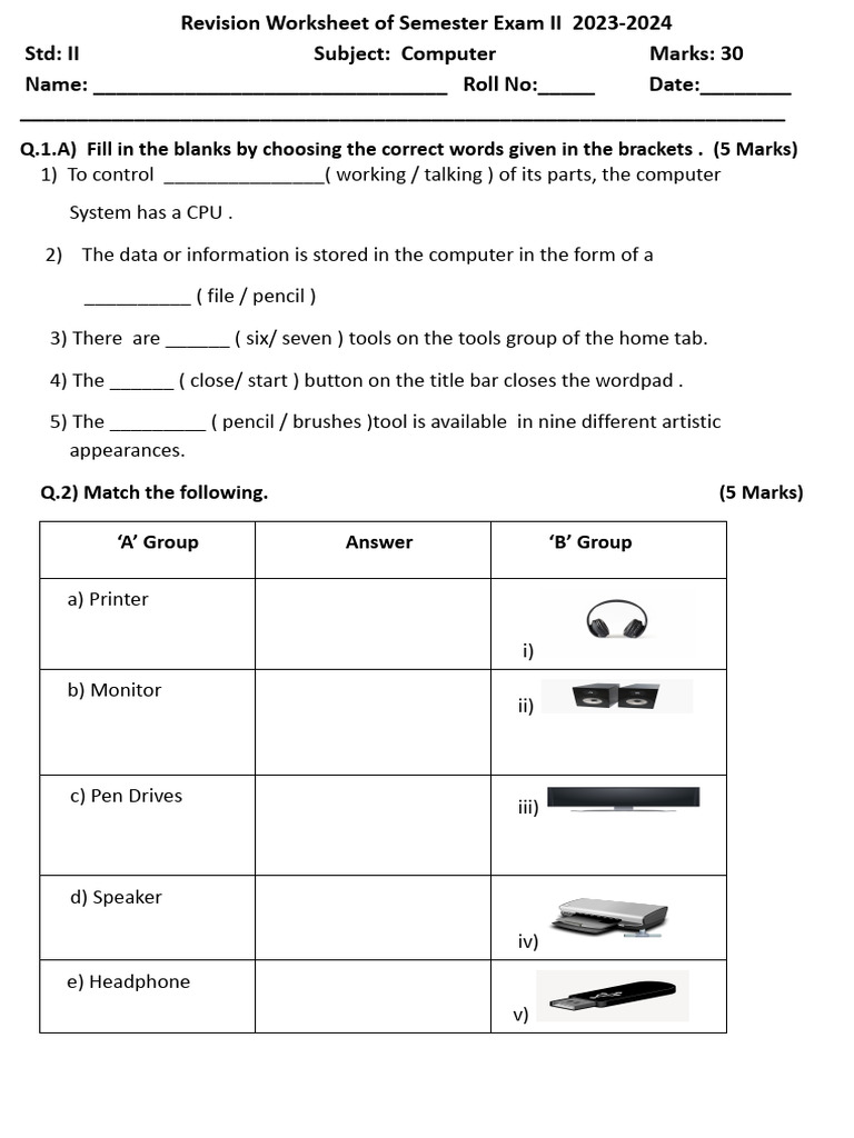 Computer Revision Worksheet Std II | PDF