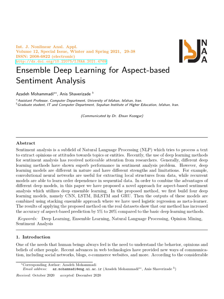 Ensemble Deep Learning For Aspect-Based Sentiment Analysis | PDF | Deep Learning | Artificial ...