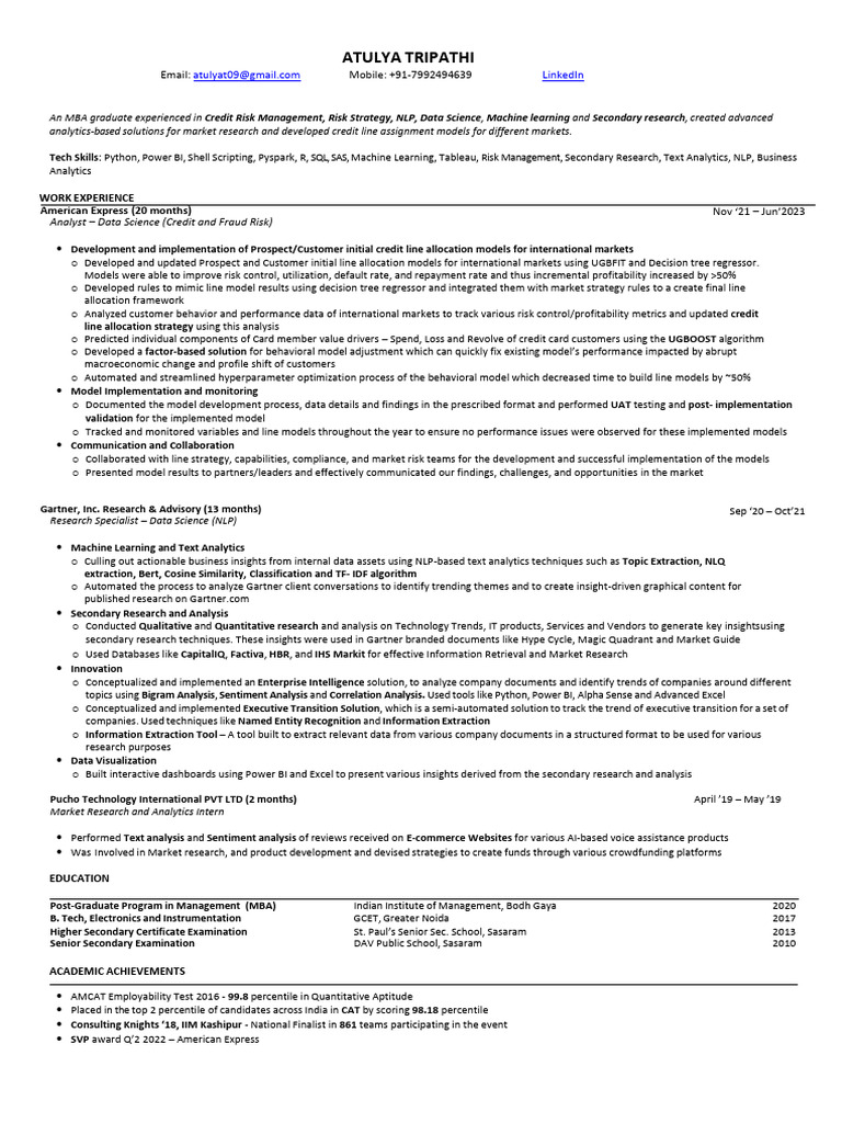 Atulya Tripathi Resume Experience Final B | PDF | Analytics | Machine Learning